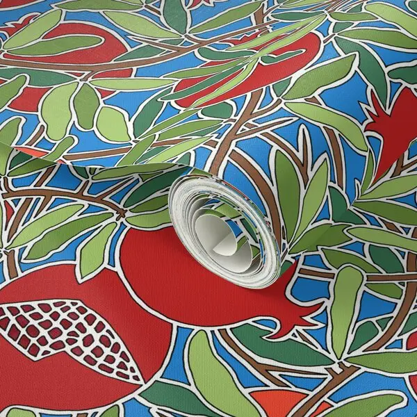 Spoonflower Leaves Festive Red And Green Pomegranate Tree Custom Pre-pasted Wallpaper - Sage,blue,orange