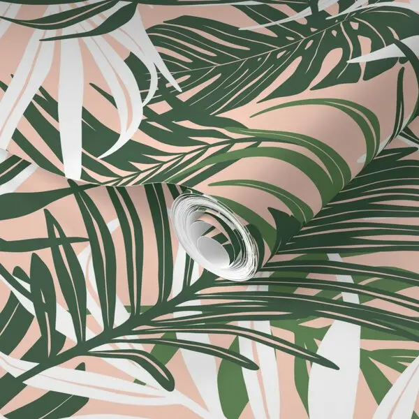 Spoonflower Pink Leaves Nature Jungle Summer Custom Removable Wallpaper - Beige,green,brown