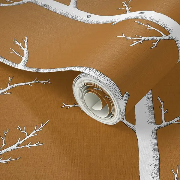 Spoonflower Birch Tree Forest Woodland Autumn Rust Woods Traditional Wallpaper - Brown,white,gray