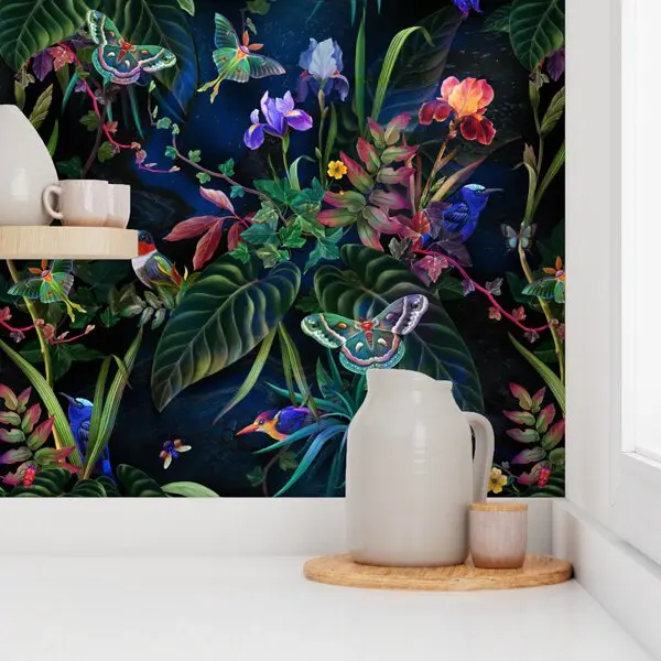 Spoonflower Butterflies Birds Wallpaper Hummingbirds Jungle 100% Natural Sisal Grasscloth Wallcovering