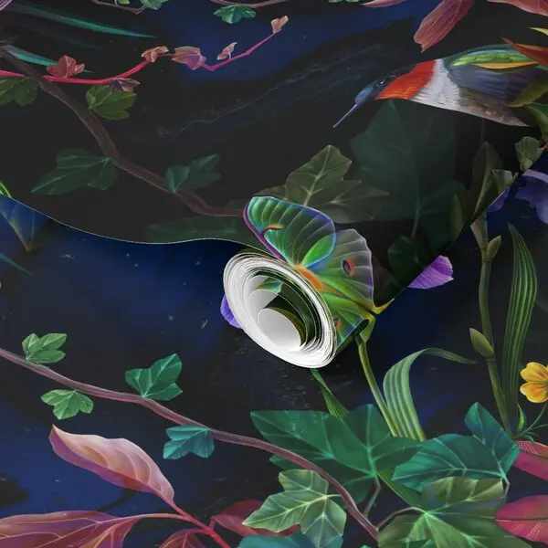 Spoonflower Butterflies Birds Wallpaper Hummingbirds Jungle 100% Natural Sisal Grasscloth Wallcovering - Black