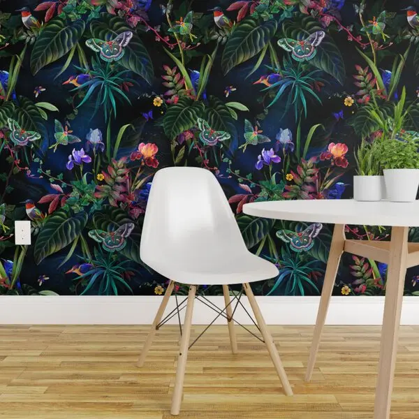 Spoonflower Butterflies Birds Wallpaper Hummingbirds Jungle 100% Natural Sisal Grasscloth Wallcovering