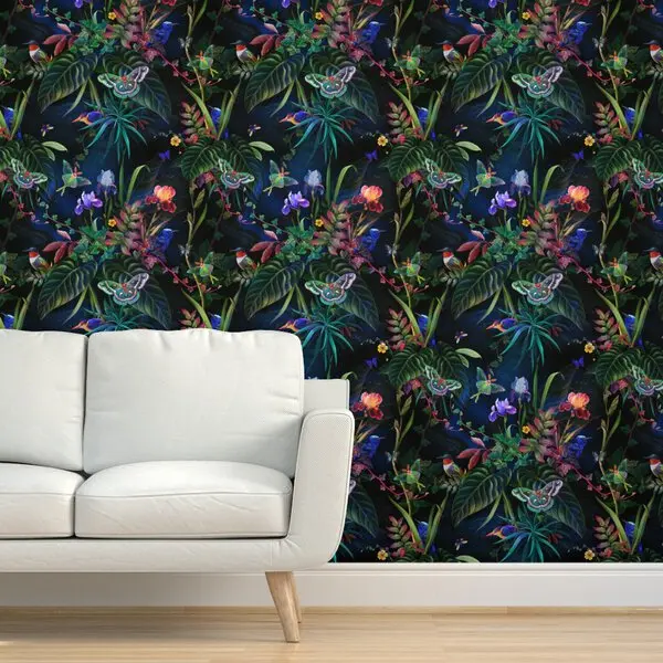 Spoonflower Butterflies Birds Wallpaper Hummingbirds Jungle 100% Natural Sisal Grasscloth Wallcovering