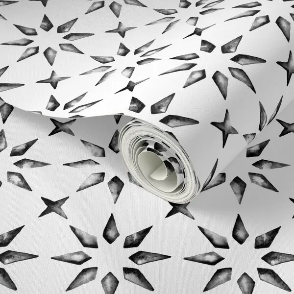 Spoonflower Watercolor Tile Moroccan Black White Custom Pre-pasted Wallpaper - White,black,gray
