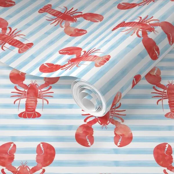 Spoonflower Lobsters Red Blue Stripes Summer Beach Watercolor Custom Pre-pasted Wallpaper - Red,blue,pink