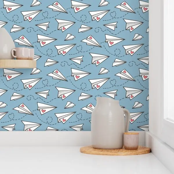 Spoonflower Hearts Spring Valentine Valentines Day Airplanes Custom Removable Wallpaper