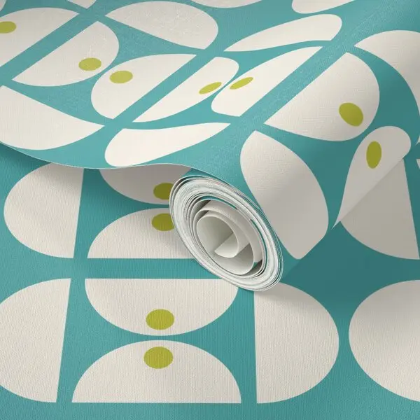 Spoonflower Geometric Circles Kitchen Nursery Mid Century Teal Custom Removable Wallpaper - Blue,white,green