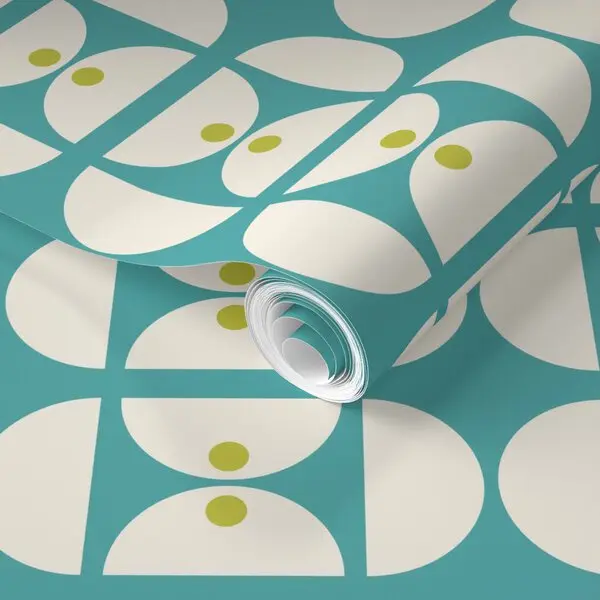 Spoonflower Geometric Circles Kitchen Nursery Mid Century Teal Custom Removable Wallpaper - Blue,white,green