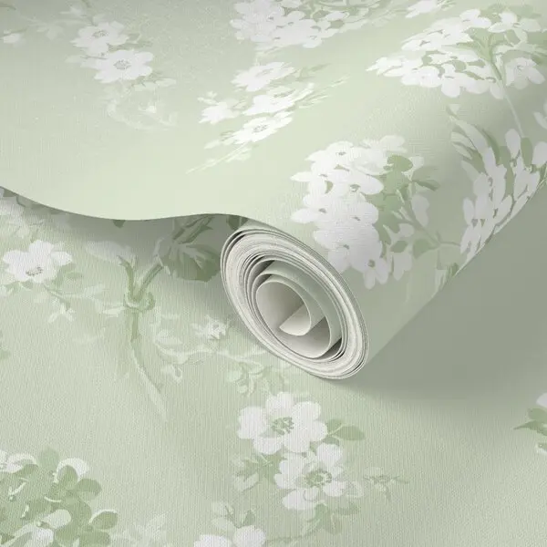 Spoonflower Green Flowers Butterflies Shabby Chic And White Custom Removable Wallpaper - Green,gray