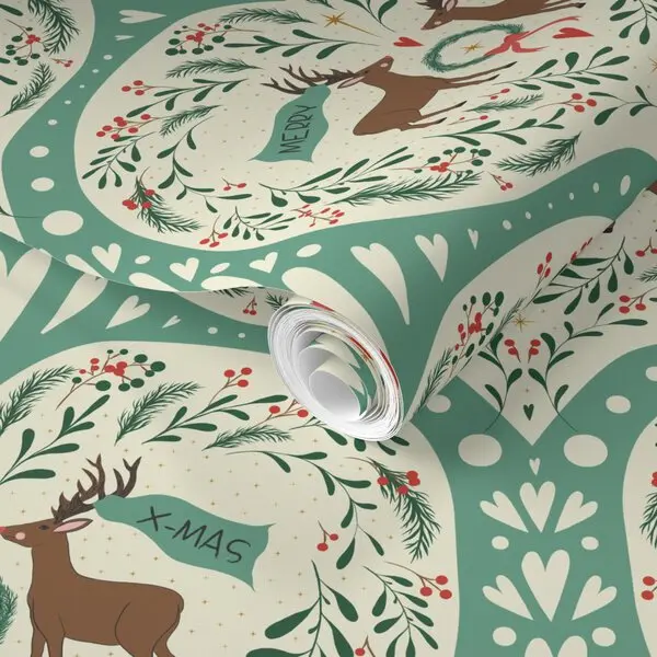 Spoonflower Christmas Deer Hearts Winter Mint Custom Pre-pasted Wallpaper - Green,brown,sage