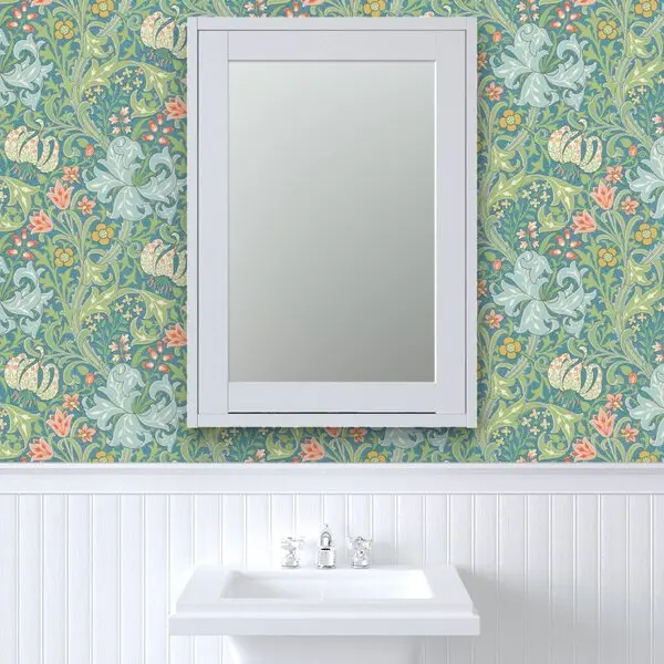 Spoonflower Floral Large Art Nouveau Damask William Morris Custom Pre-pasted Wallpaper - Gold