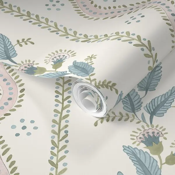 Spoonflower Pale Pink Sage Blue Cream Stripe Green Floral Custom Pre-pasted Wallpaper - Pink,cream,green