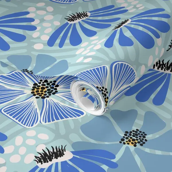 Spoonflower Blue Cheerful Retro Gardening Abstract Flowers Custom Pre-pasted Wallpaper - Blue,gray