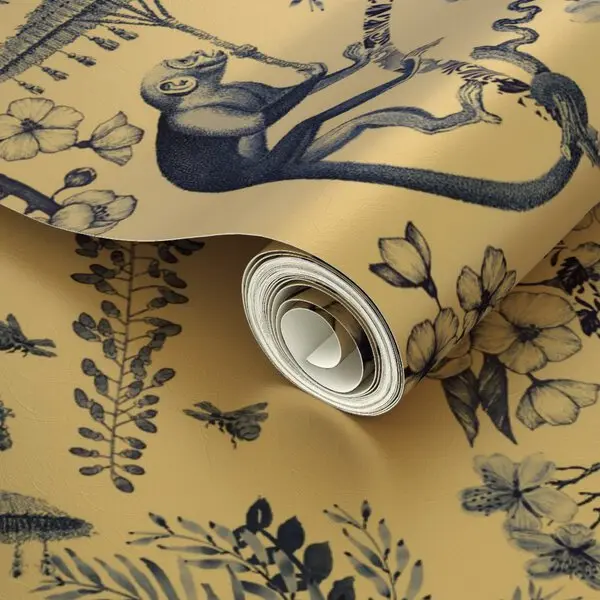 Spoonflower Flowers Floral Branches Monkey Leopard Umbrella Custom Pre-pasted Wallpaper - Blue,white,gray