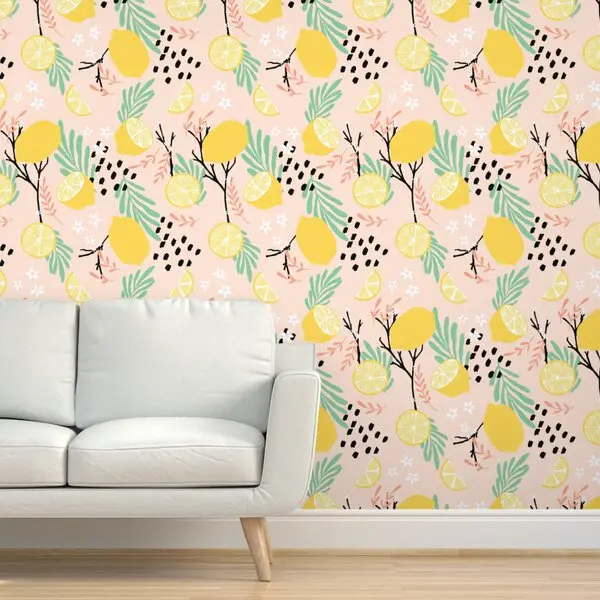 Spoonflower Lemons On Blush Pink Custom Pre-pasted Wallpaper