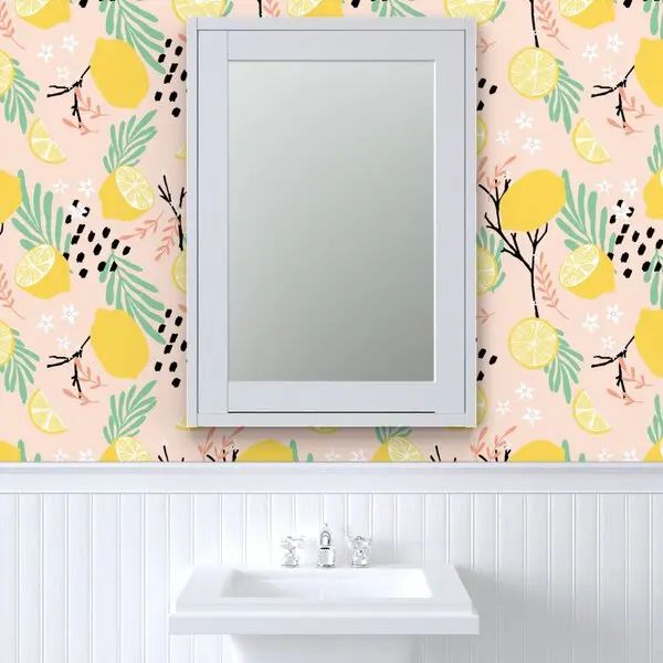 Spoonflower Lemons On Blush Pink Custom Pre-pasted Wallpaper