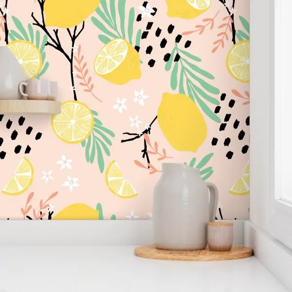 Spoonflower Lemons On Blush Pink Custom Pre-pasted Wallpaper