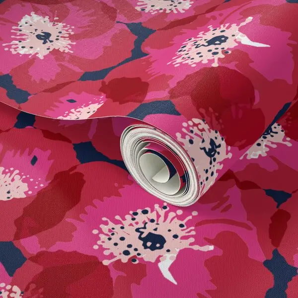 Spoonflower Poppies Poppy Floral Flowers Red Pink Navy Traditional Wallpaper - Red,blue,pink