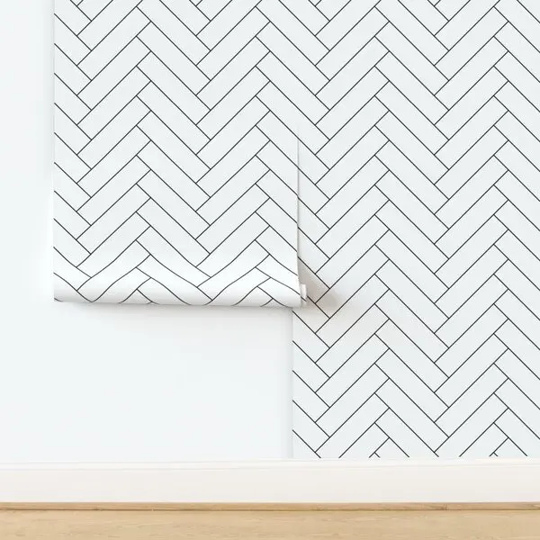 Spoonflower Black And White Herringbone Minimalist Scandi Custom Pre-pasted Wallpaper