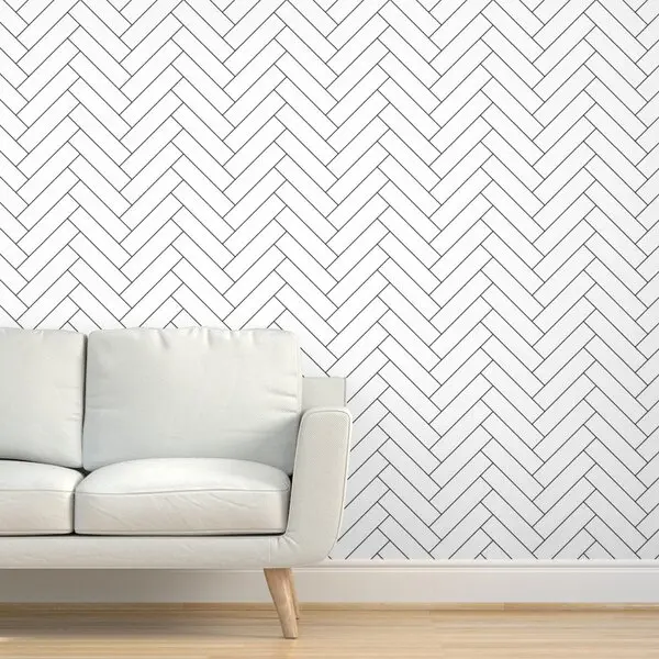 Spoonflower Black And White Herringbone Minimalist Scandi Custom Pre-pasted Wallpaper