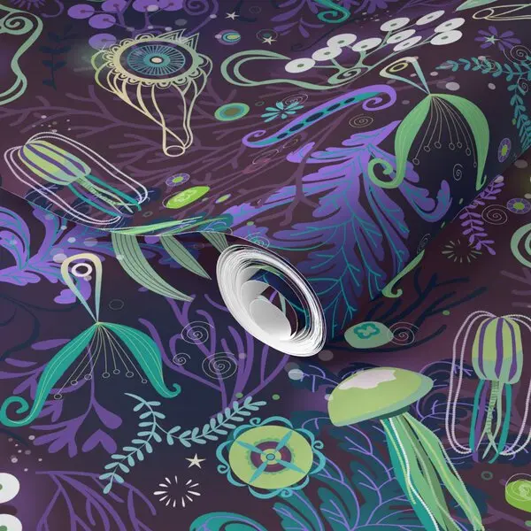 Spoonflower Glowing Seaweed Squid Ocean Jellyfish Micro Custom Pre-pasted Wallpaper - Purple,gray,blue