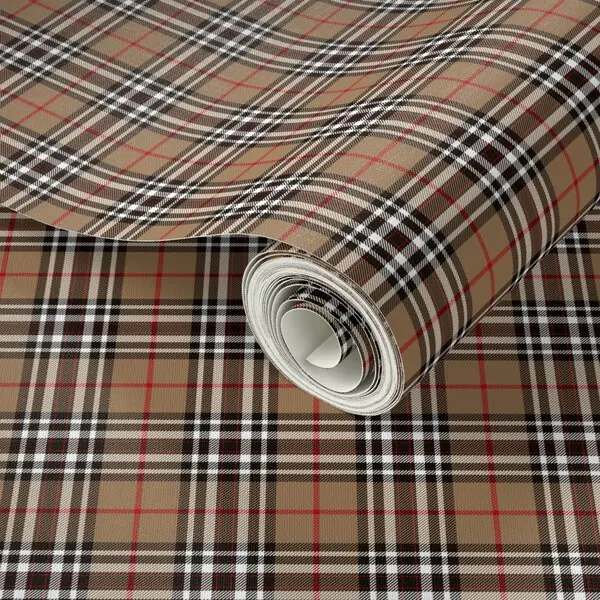 Spoonflower Tartan Black White Plaid Red Tan Scottish Custom Pre-pasted Wallpaper - Brown,black,beige