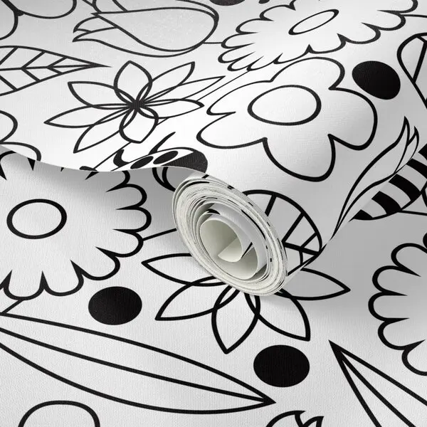 Spoonflower Black And White Flower Floral Coloring Book Custom Pre-pasted Wallpaper - White,black,gray