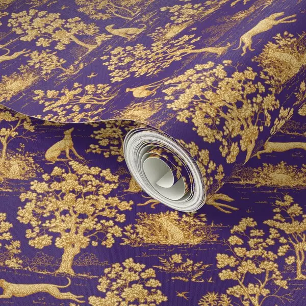 Spoonflower Purple Gold Toile Greyhound Jane Walker Custom Removable Wallpaper - Purple,orange,brown