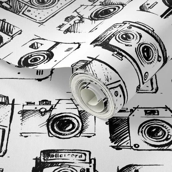Spoonflower Camera Black And White Photo Photography Custom Pre-pasted Wallpaper - Black,white,gray
