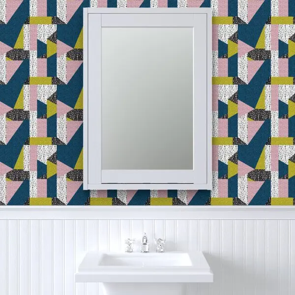 Spoonflower Postmodern Puzzle Memphis 1980s 1990s Geometric Custom Pre-pasted Wallpaper