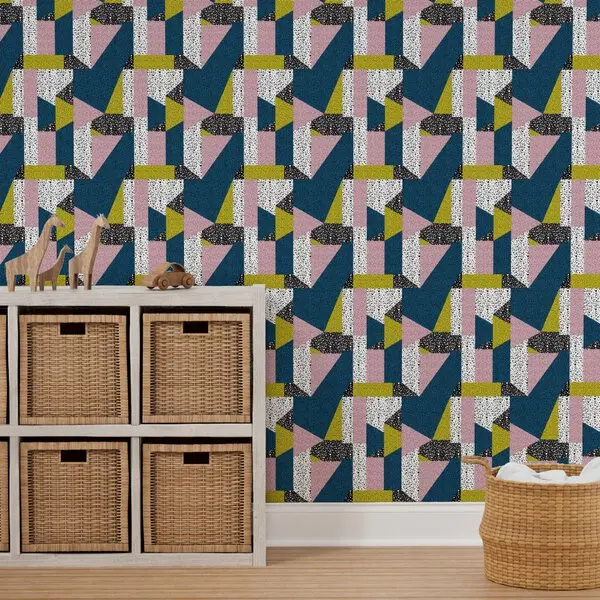 Spoonflower Postmodern Puzzle Memphis 1980s 1990s Geometric Custom Pre-pasted Wallpaper