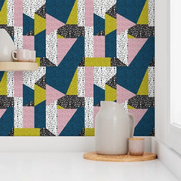 Spoonflower Postmodern Puzzle Memphis 1980s 1990s Geometric Custom Pre-pasted Wallpaper