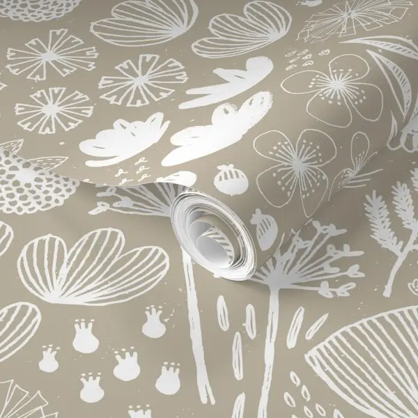 Spoonflower Spring Season Floral Flower Chic Modern Boho Custom Removable Wallpaper - Gray,white,green