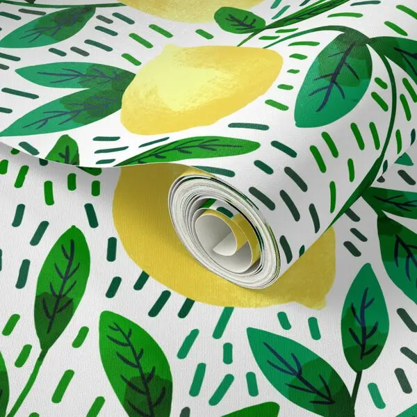Spoonflower Lemons White Green Fruit Citrus Kitchen Lemon Traditional Wallpaper - Green,yellow,white
