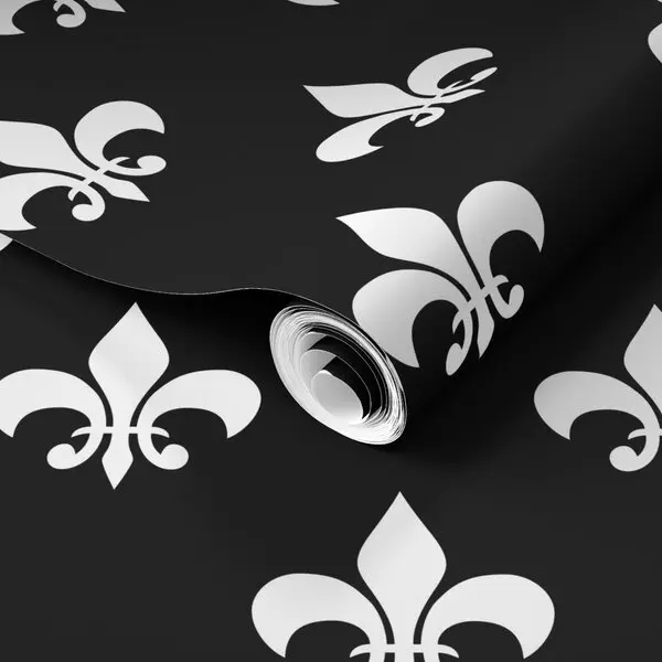 Spoonflower White Fleur De Lis On Black Custom Pre-pasted Wallpaper - Black,white,gray