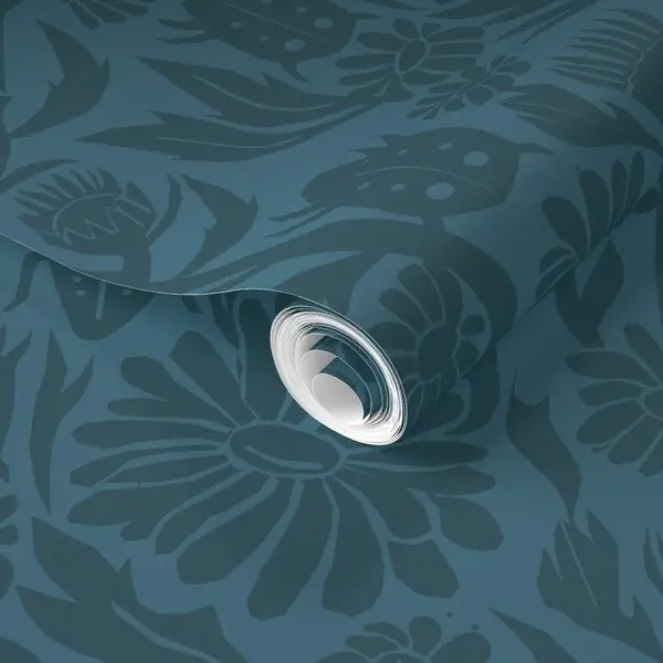 Spoonflower Garden Inspired Block Print Daisies Flowers Spring Custom Removable Wallpaper - Blue