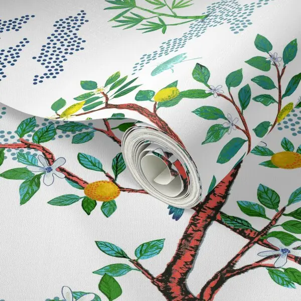 Spoonflower Citrus Grove Toile Blue Red Birds Trees Dots Custom Removable Wallpaper - Blue,green,brown