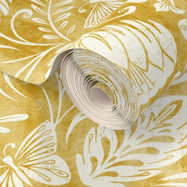 Spoonflower Damask Mustard Yellow Butterflies Traditional Custom Pre-pasted Wallpaper - Yellow,white,beige