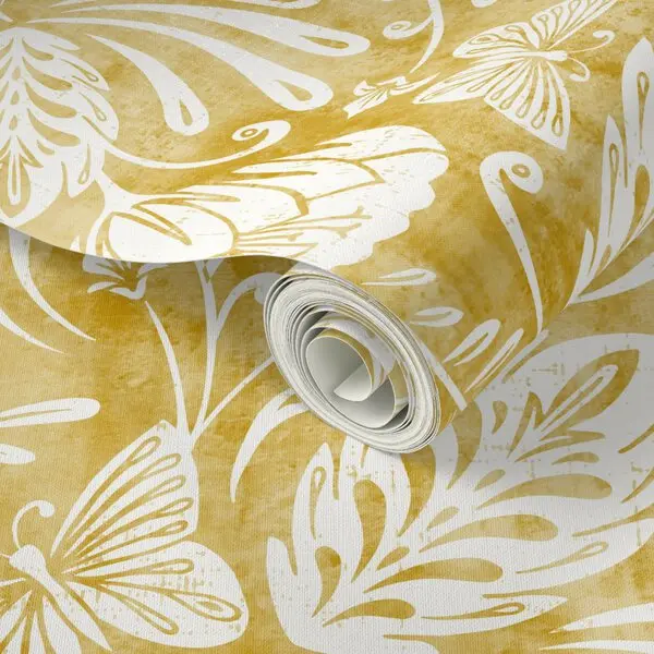 Spoonflower Damask Mustard Yellow Butterflies Traditional Custom Pre-pasted Wallpaper - Yellow,white,beige