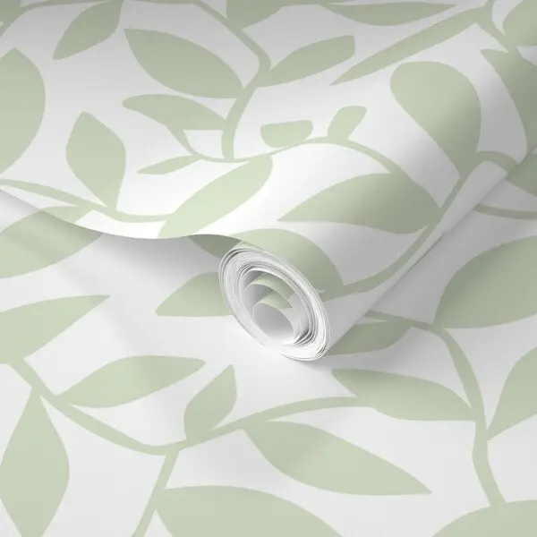Spoonflower Orchard Botanical Leaves White Custom Pre-pasted Wallpaper - Green