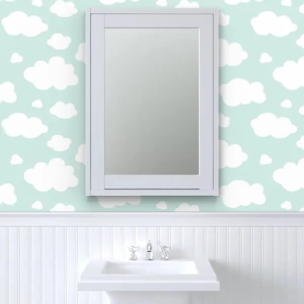 Spoonflower Clouds Mint Cloud Sky Weather Nursery Custom Pre-pasted Wallpaper