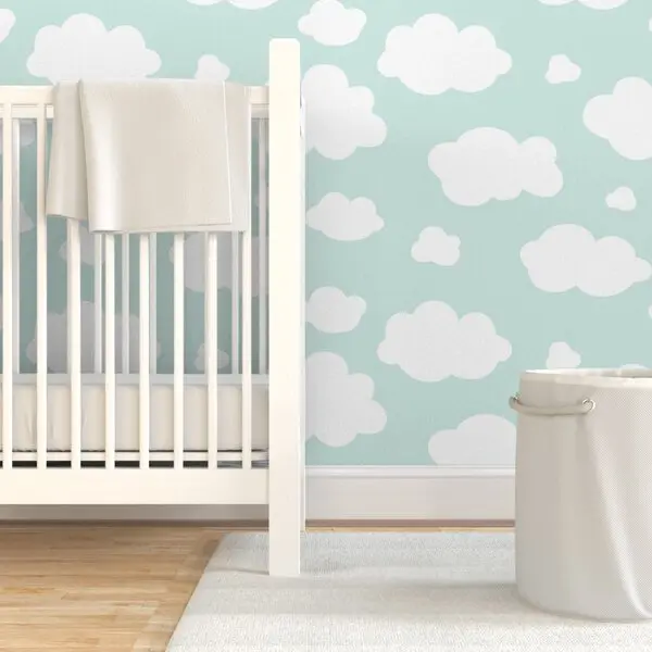 Spoonflower Clouds Mint Cloud Sky Weather Nursery Custom Pre-pasted Wallpaper