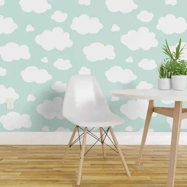 Spoonflower Clouds Mint Cloud Sky Weather Nursery Custom Pre-pasted Wallpaper