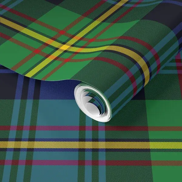 Spoonflower Green Blue Yellow Plaid Red Tartan Scottish Custom Pre-pasted Wallpaper - Teal,blue,red