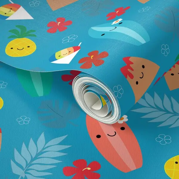 Spoonflower Island Cute Kawaii Pineapple Surf Board Volcano Custom Pre-pasted Wallpaper - Blue,orange,green