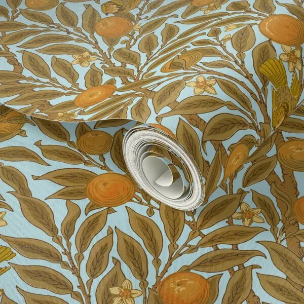 Spoonflower Orange Boughs Light Blue Sky Custom Pre-pasted Wallpaper - Green,teal,brown
