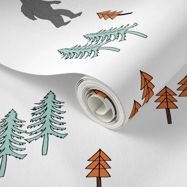 Spoonflower Sasquatch Forest Mythical Animal Orange Mint Grey Custom Pre-pasted Wallpaper - White,mint,brown