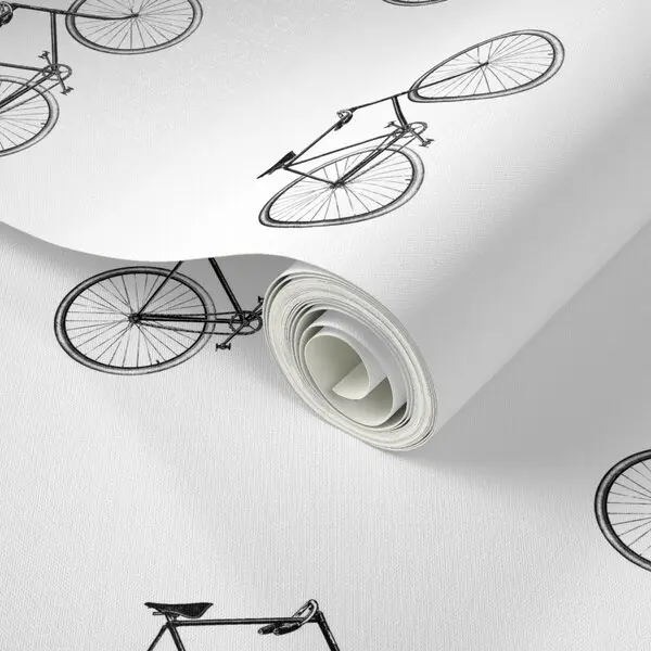 Spoonflower Vintage Illustration Bicycle Bike Custom Removable Wallpaper - White,gray