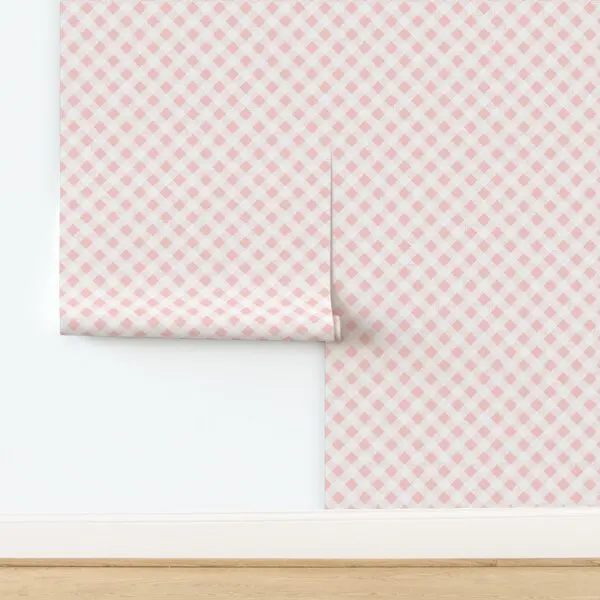 Spoonflower Stripe Gingham Check Pastel Diagonal Buffalo Custom Removable Wallpaper - Pink,gray