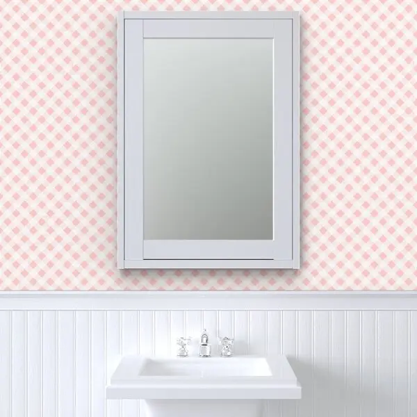Spoonflower Stripe Gingham Check Pastel Diagonal Buffalo Custom Removable Wallpaper - Pink,gray